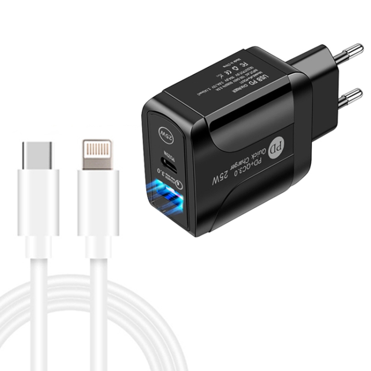 PD25W USB-C / Type-C + QC3.0 USB Dual Ports Fast Charger with USB-C to ...