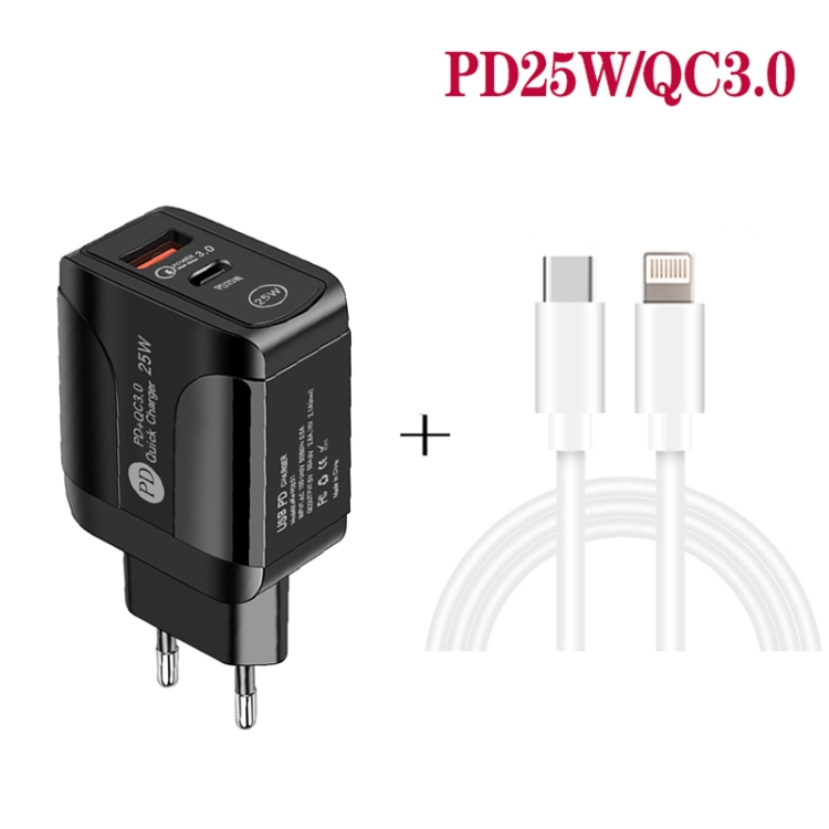 PD25W USB-C / Type-C + QC3.0 USB Dual Ports Fast Charger with USB-C to 8 Pin Data Cable, EU Plug ...