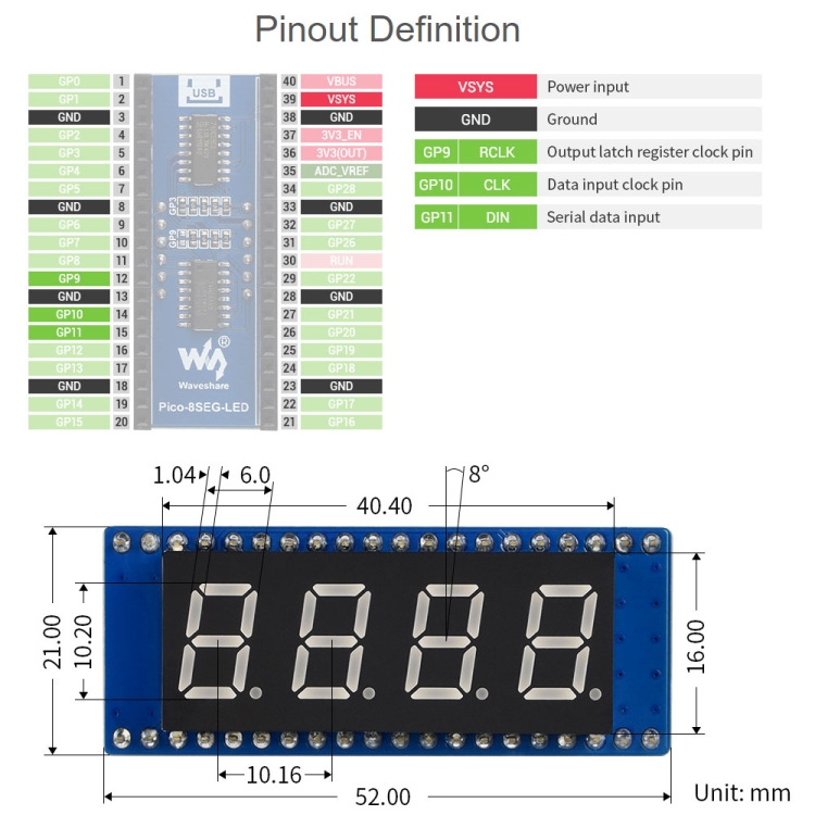 WAVESHARE 4-digit 8-segment Display Module for Raspberry Pi Pico, SPI-compatible - Buy Online at ...