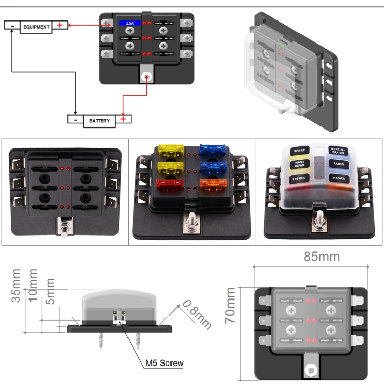 1 in 6 Out Fuse Box PC Terminal Block Fuse Holder Kits with LED Warning ...
