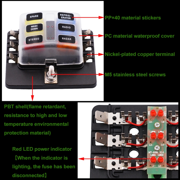 1 in 6 Out Fuse Box PC Terminal Block Fuse Holder Kits with LED Warning ...