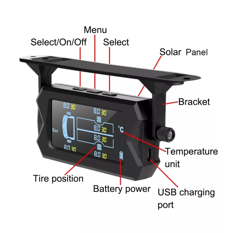 8 Bar Solar Wireless Tire Pressure Monitoring System TPMS 6 External ...