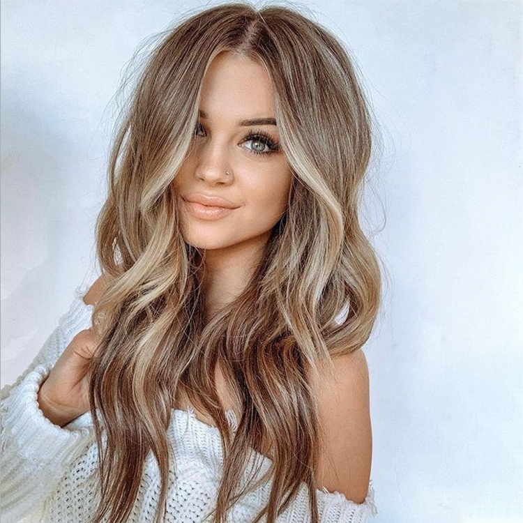 A557 Ladies Mid-point Big Wave Linen Brown Mixed Color Long Curly Wig ...